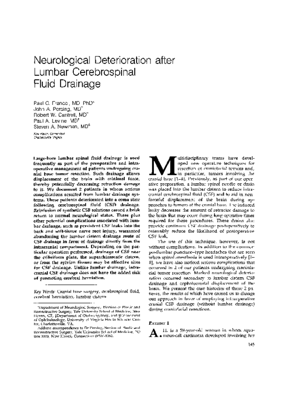 (PDF) Neurological Deterioration after Lumbar Cerebrospinal Fluid Drainage
