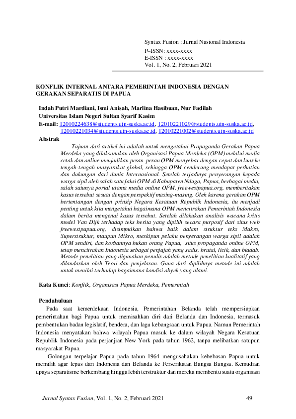 (PDF) Konflik Internal Antara Pemerintah Indonesia Dengan Gerakan Separatis DI Papua