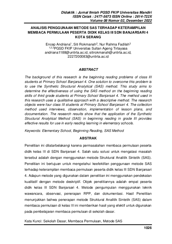 (PDF) Analisis Penggunaan Metode Sas Terhadap Keterampilan Membaca Permulaan Peserta Didik Kelas ...