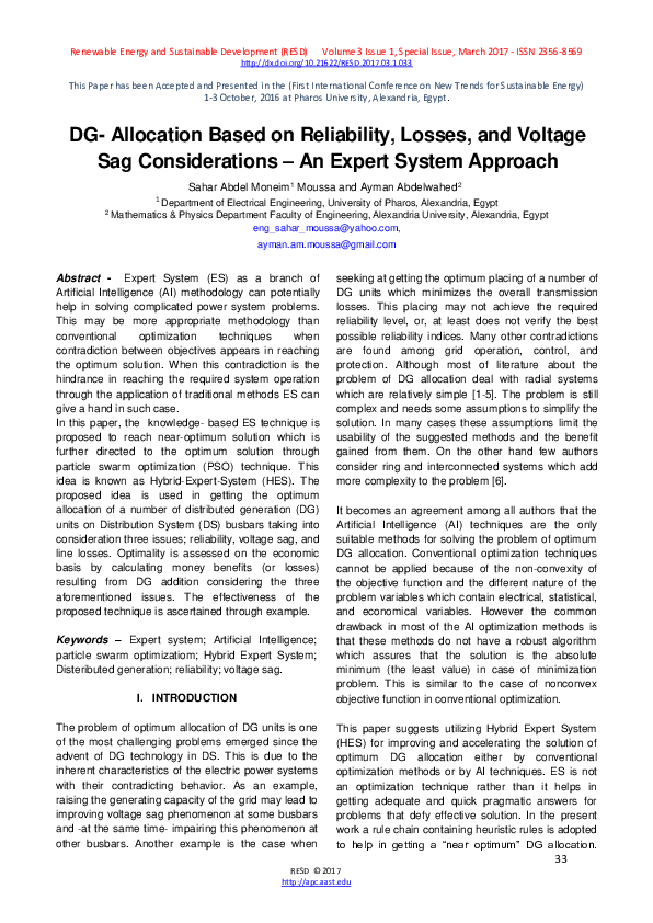 (PDF) DG Allocation Based on Reliability, Losses and Voltage Sag Considerations: an expert ...