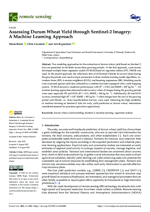 (PDF) Assessing Durum Wheat Yield through Sentinel-2 Imagery: A Machine Learning Approach