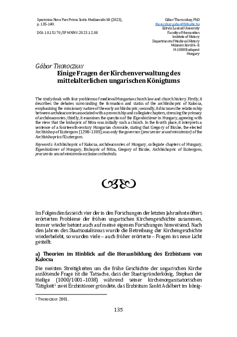 (PDF) Thoroczkay, G., Einige Fragen der Kirchenverwaltung des mitteralterlichen ungarischen ...