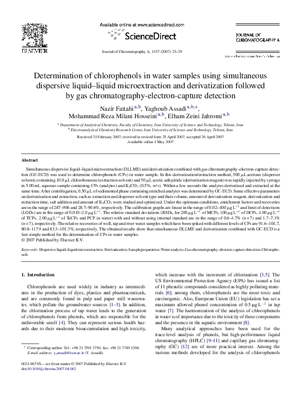 Pdf Determination Of Chlorophenols In Water Samples Using Solid Phase Extraction Enrichment