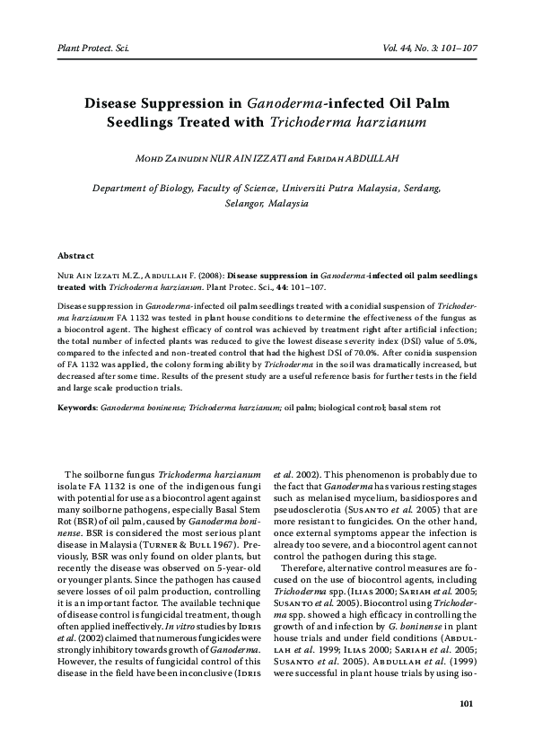 (PDF) Disease suppression in Ganoderma-infected oil palm seedlings ...