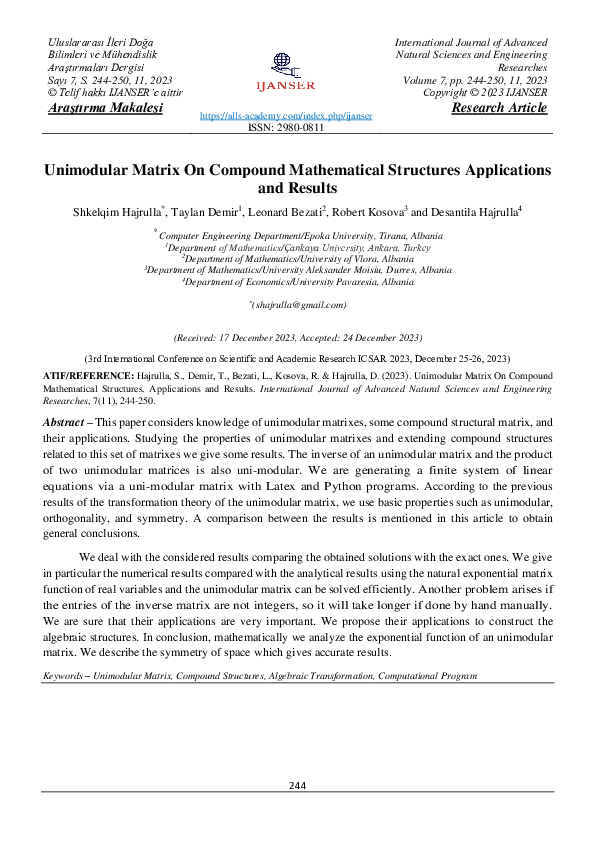 (PDF) Unimodular Matrix On Compound Mathematical Structures ...