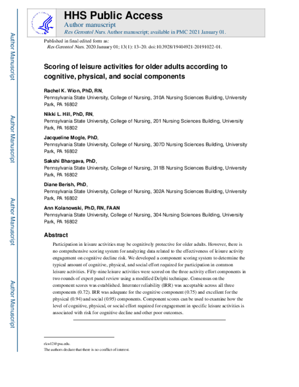 (PDF) Scoring of Leisure Activities for Older Adults According to ...