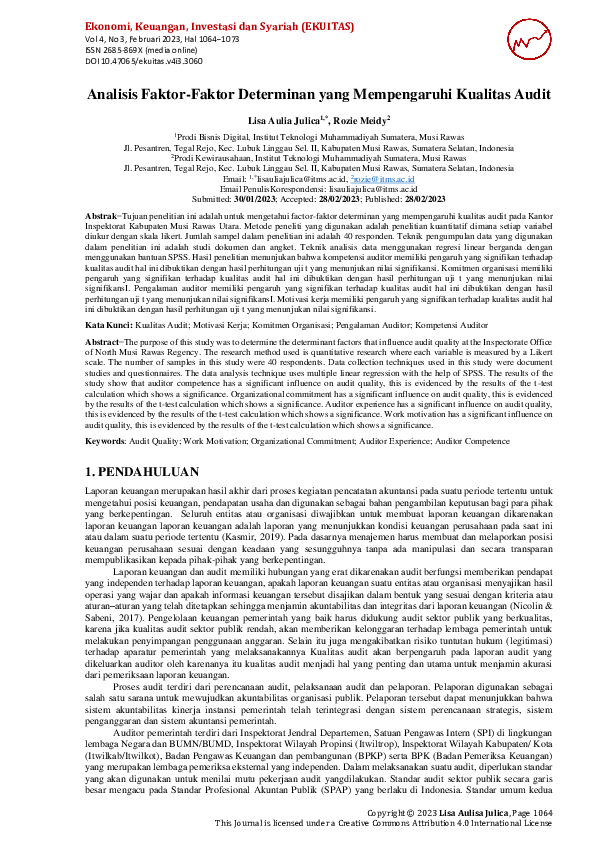 (PDF) Analisis Faktor-Faktor Determinan yang Mempengaruhi Kualitas Audit