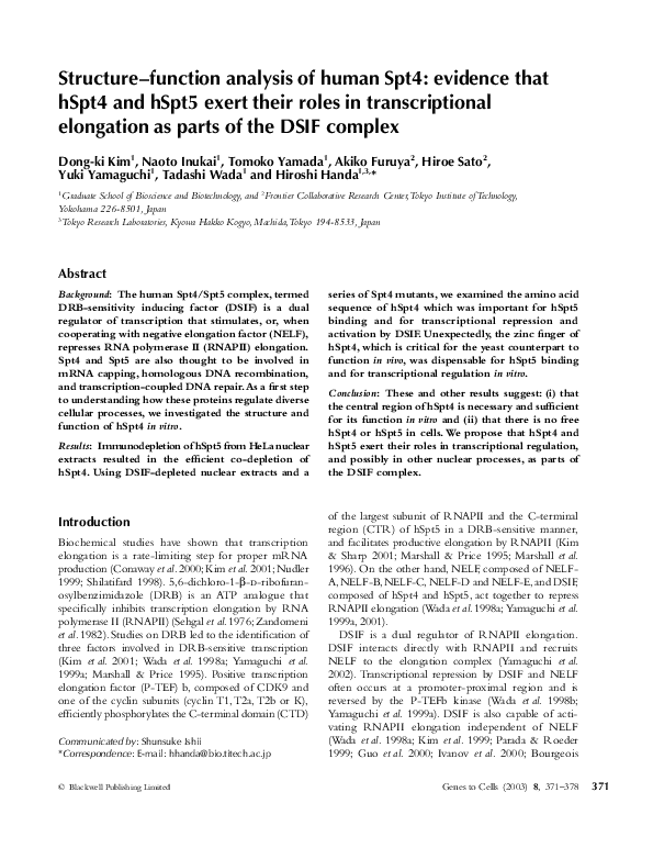 (PDF) Structure–function analysis of human Spt4: evidence that hSpt4 ...