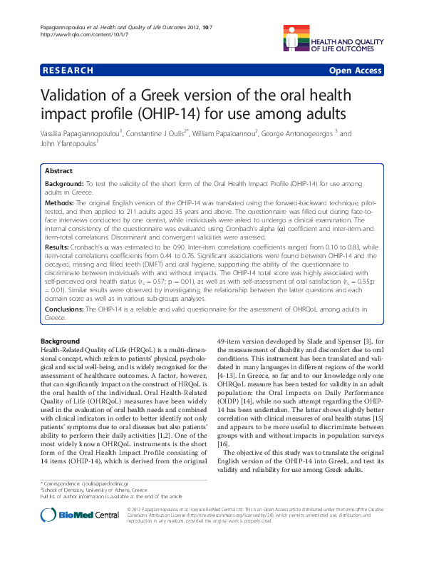 (PDF) Validation of a Greek version of the oral health impact profile ...