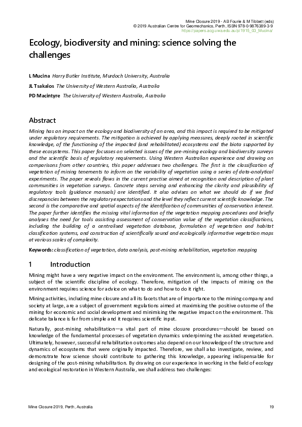 (PDF) Ecology, biodiversity and mining: science and solving the challenges
