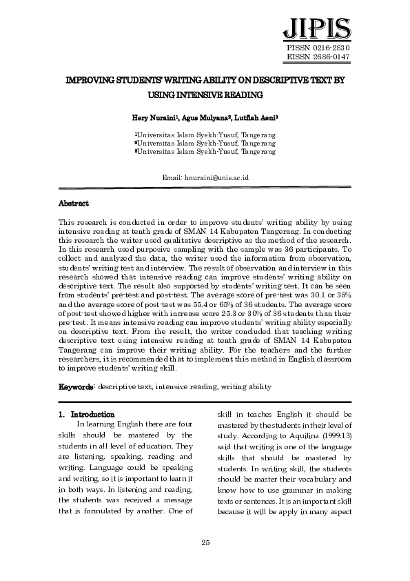 (PDF) Improving Students’ Writing Ability on Descriptive Text by Using Intensive Reading | Agus ...