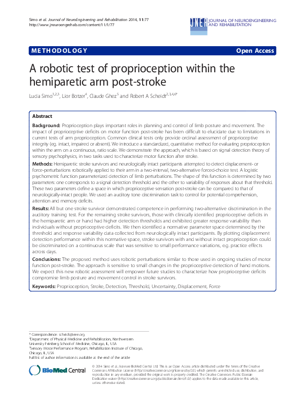 (PDF) A robotic test of proprioception within the hemiparetic arm post ...