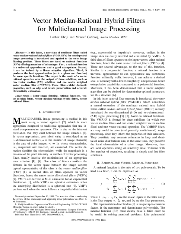 (PDF) Multichannel image processing using Fuzzy Vector Median-rational hybrid filters