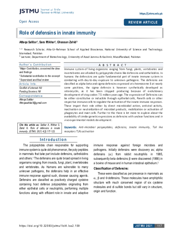 (PDF) Role of defensins in innate immunity