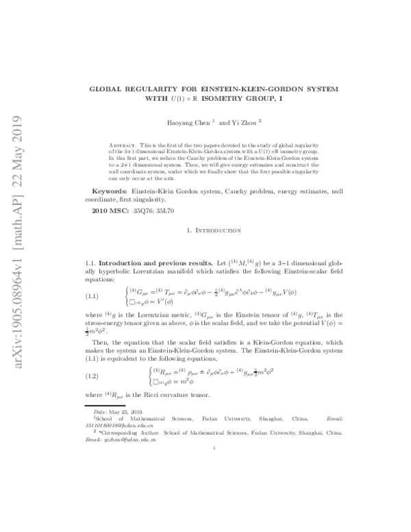(PDF) Global Regularity for Einstein-Klein-Gordon System with U(1) × R ...