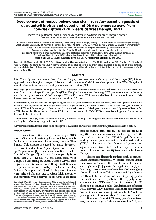 (PDF) Development of nested polymerase chain reaction-based diagnosis of duck enteritis virus ...
