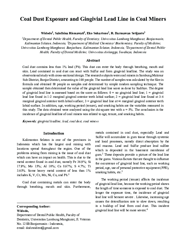 (PDF) Coal Dust Exposure and Gingivial Lead Line in Coal Miners