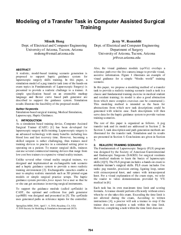 (PDF) Modeling of a Transfer Task in Computer Assisted Surgical Training | Jerzy W Rozenblit ...