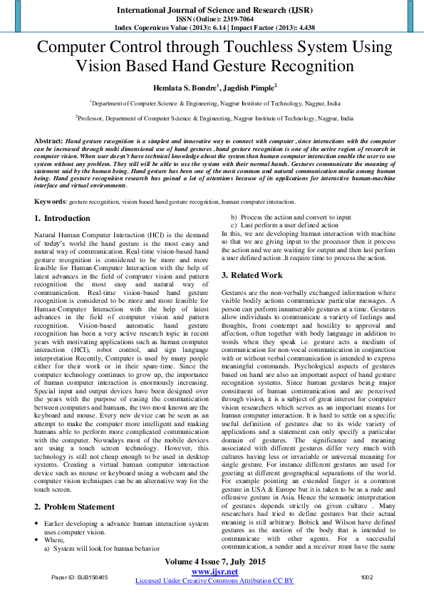 (PDF) Computer Control through Touchless System Using Vision Based Hand ...