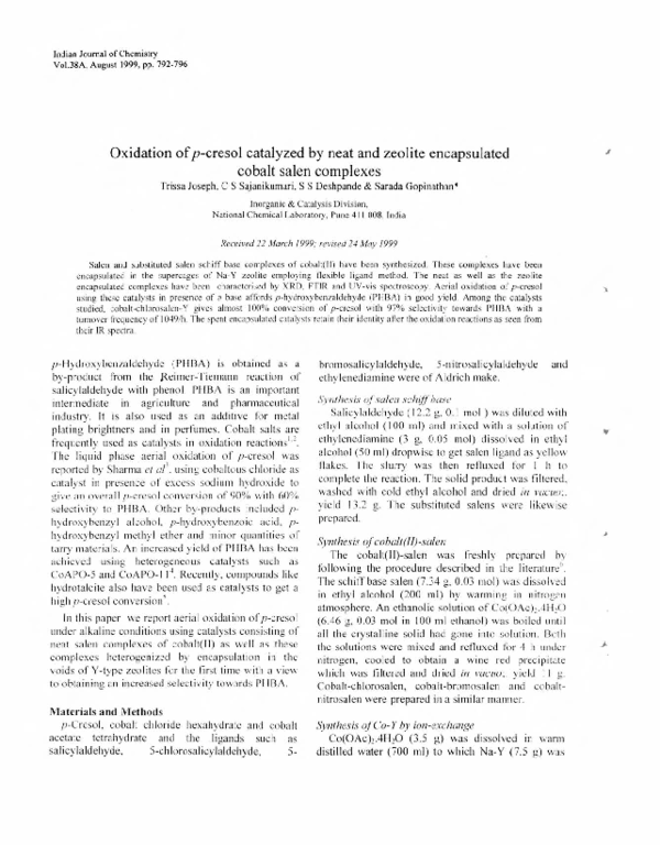 (PDF) Oxidation of p-cresol catalyzed by neat and zeolite encapsulated ...