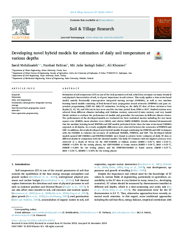 (PDF) Developing novel hybrid models for estimation of daily soil temperature at various depths