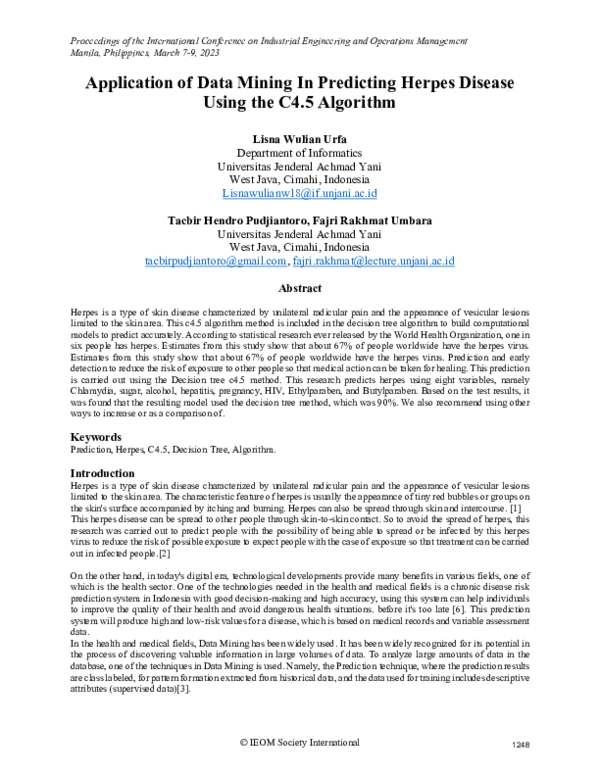 (PDF) Application of Data Mining In Predicting Herpes Disease Using the C4.5 Algorithm