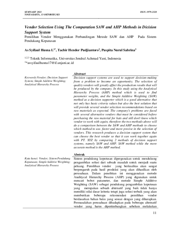 (PDF) Vendor Selection Using The Comparation SAW and AHP Methods in Dicision Support System
