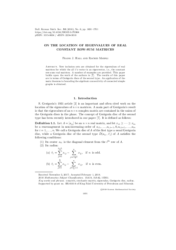 (PDF) On the Location of Eigenvalues of Real Constant Row-Sum Matrices