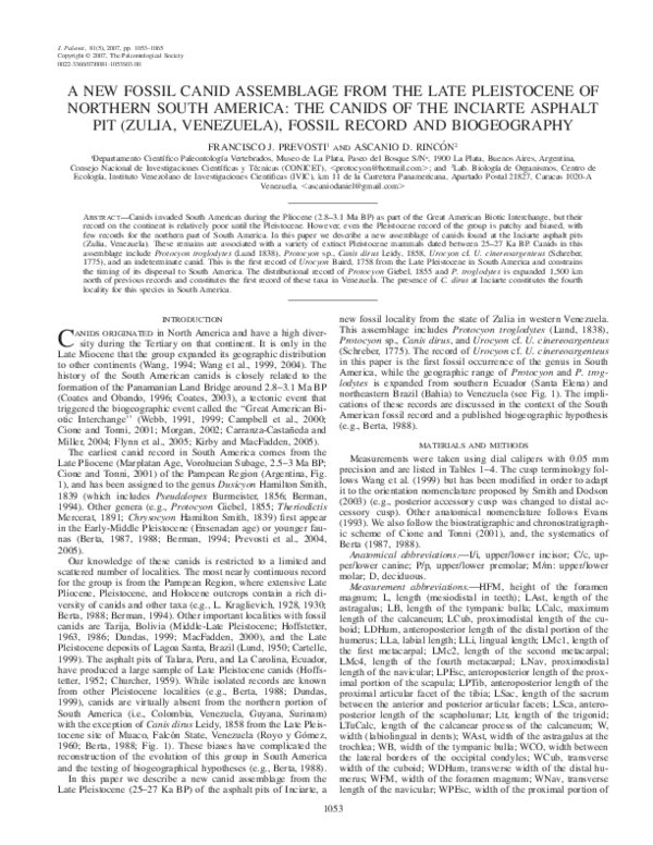 (PDF) FOSSIL CANID ASSEMBLAGE FROM THE LATE PLEISTOCENE OF NORTHERN ...