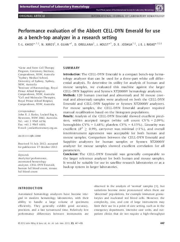 (PDF) Performance evaluation of the Abbott CELL-DYN Emerald for use as a bench-top analyzer in a ...