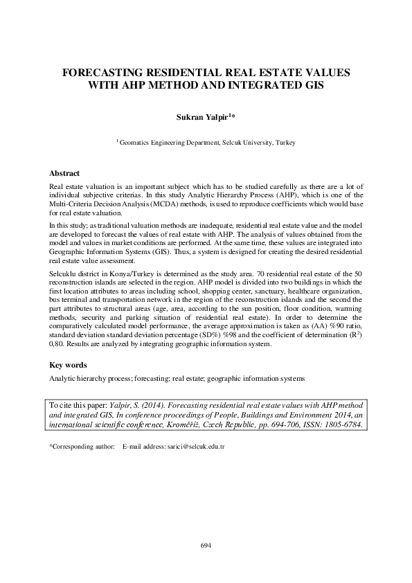 (PDF) Forecasting Residential Real Estate Values with Ahp Method and ...