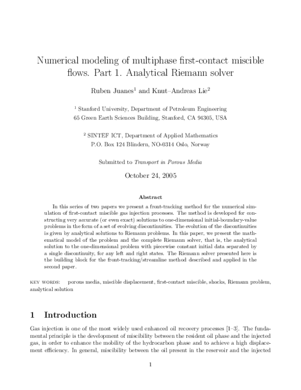 (PDF) Numerical modeling of multiphase first-contact miscible flows. Part 1. Analytical Riemann ...