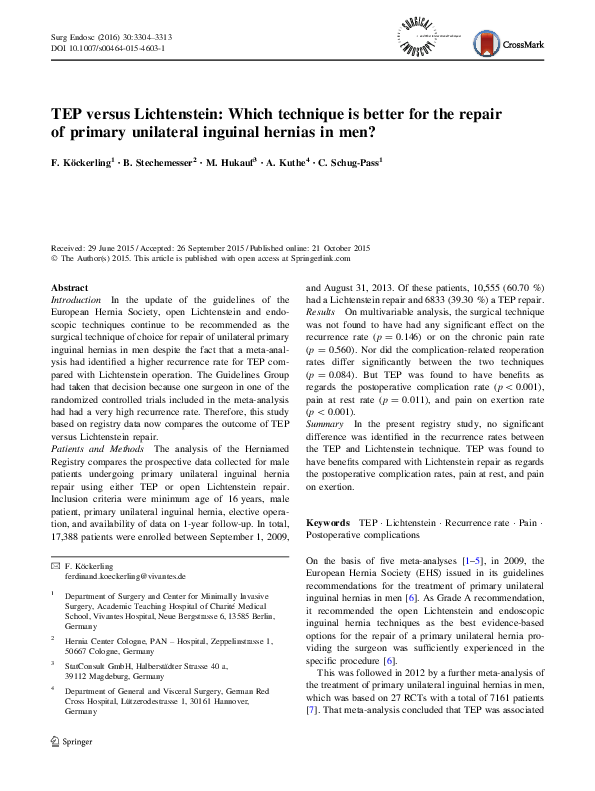 (PDF) TEP versus Lichtenstein: Which technique is better for the repair of primary unilateral ...