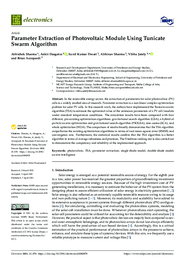 Pdf Optimizing Pv Parameter Extraction With Tunicate Swarm Algorithm 4595