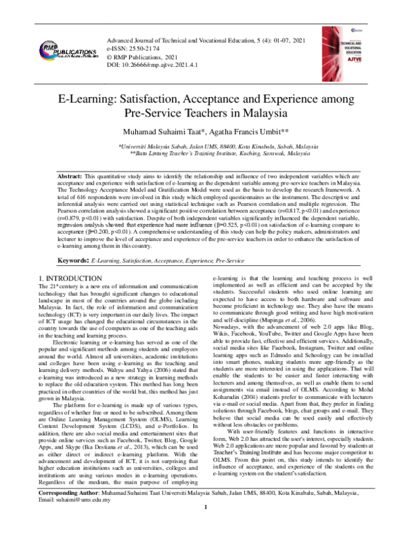 (PDF) E-Learning: Satisfaction, Acceptance and Experience among Pre-Service Teachers in Malaysia