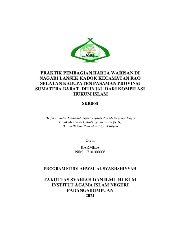 (PDF) Praktik pembagian harta warisan di Nagari Lansek Kadok Kecamatan Rao Selatan Kabupaten ...