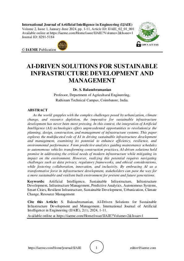 (PDF) AI-DRIVEN SOLUTIONS FOR SUSTAINABLE INFRASTRUCTURE DEVELOPMENT AND MANAGEMENT