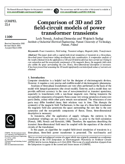 (PDF) Comparison of 3D and 2D field‐circuit models of power transformer ...