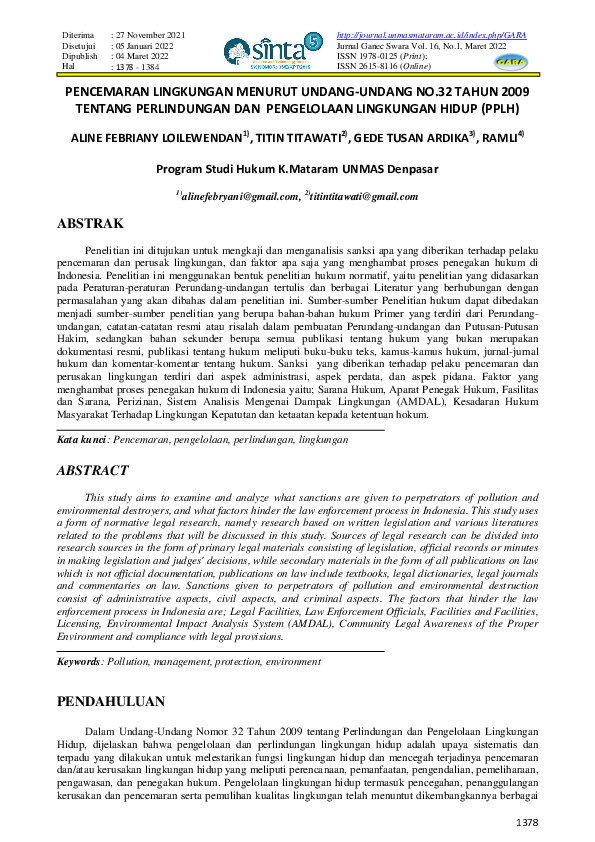 (PDF) Pencemaran Lingkungan Menurut Undang-Undang NO.32 Tahun 2009 ...