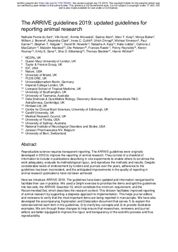 (PDF) The ARRIVE guidelines 2019: updated guidelines for reporting ...
