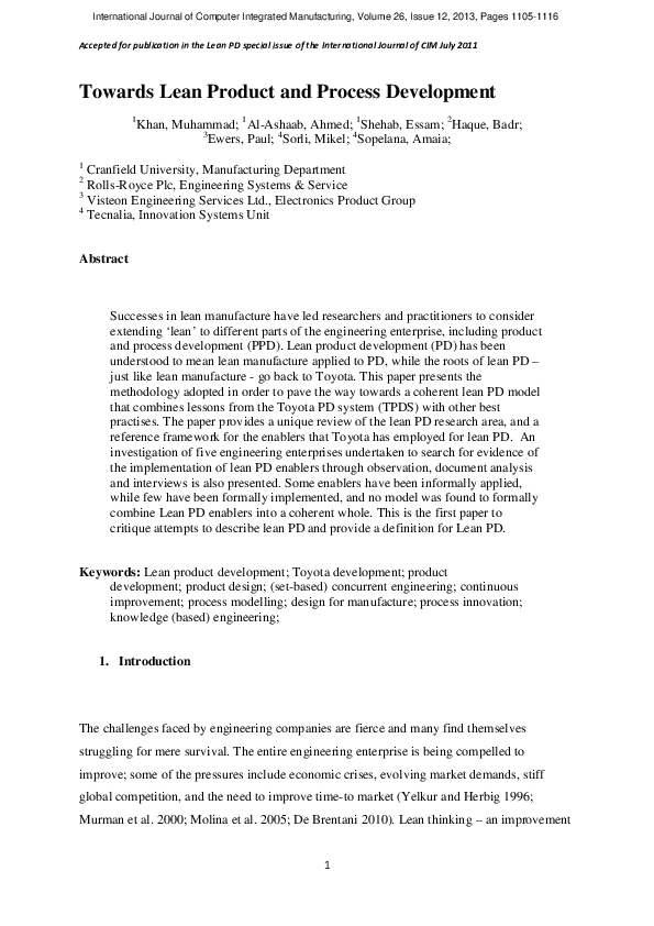 (PDF) Towards lean product and process development