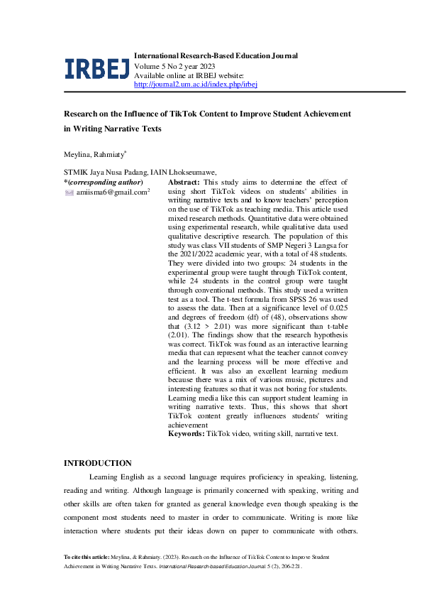 (PDF) Research on the Influence of TikTok Content to Improve Student Achievement in Writing ...