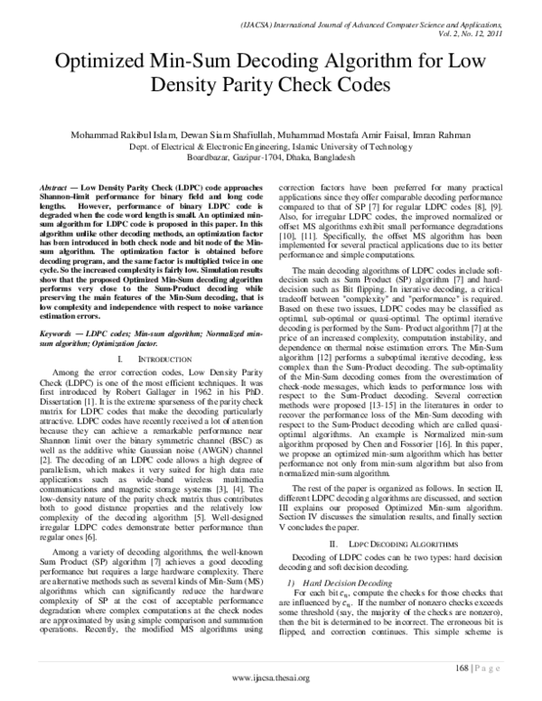 (PDF) Optimized Min-Sum Decoding Algorithm for Low Density Parity Check Codes