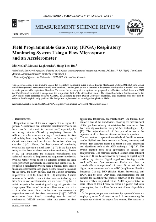 Pdf Field Programmable Gate Array Fpga Respiratory Monitoring System Using A Flow