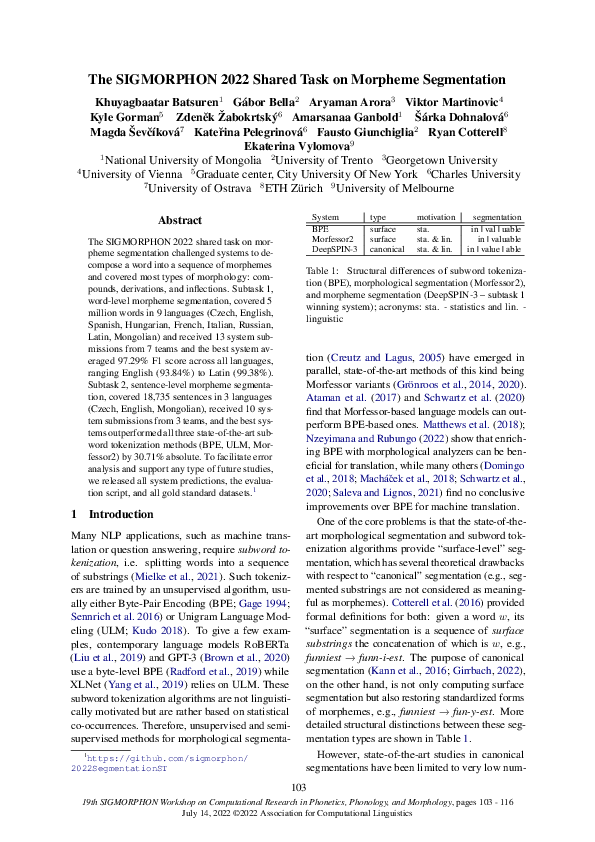 (PDF) The SIGMORPHON 2022 Shared Task on Morpheme Segmentation