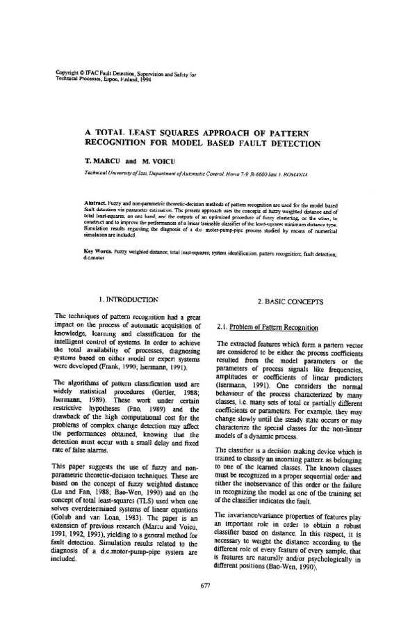 (PDF) A Total Least Squares Approach of Pattern Recognition for Model Based Fault Detection