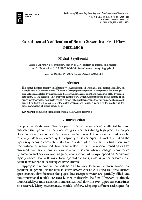 Pdf Experimental Verification Of Storm Sewer Transient Flow Simulation