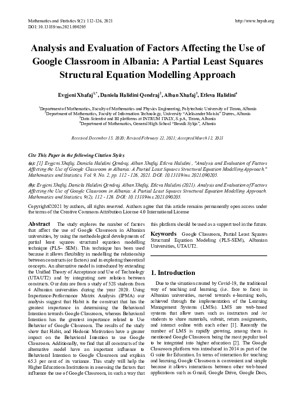 (PDF) Analysis and Evaluation of Factors Affecting the Use of Google Classroom in Albania: A ...