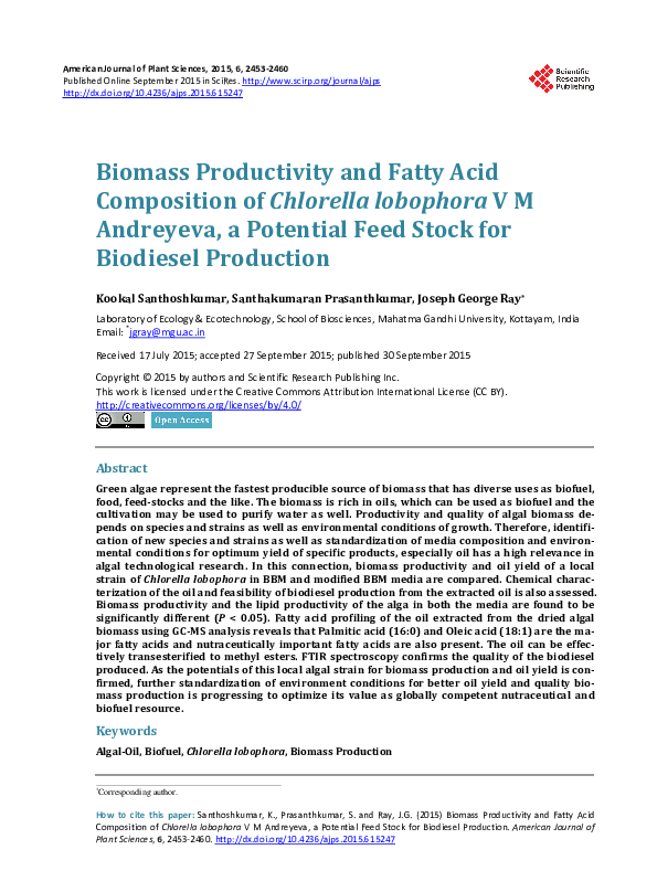 (PDF) Biomass Productivity and Fatty Acid Composition of Chlorella lobophora V M Andreyeva, a ...