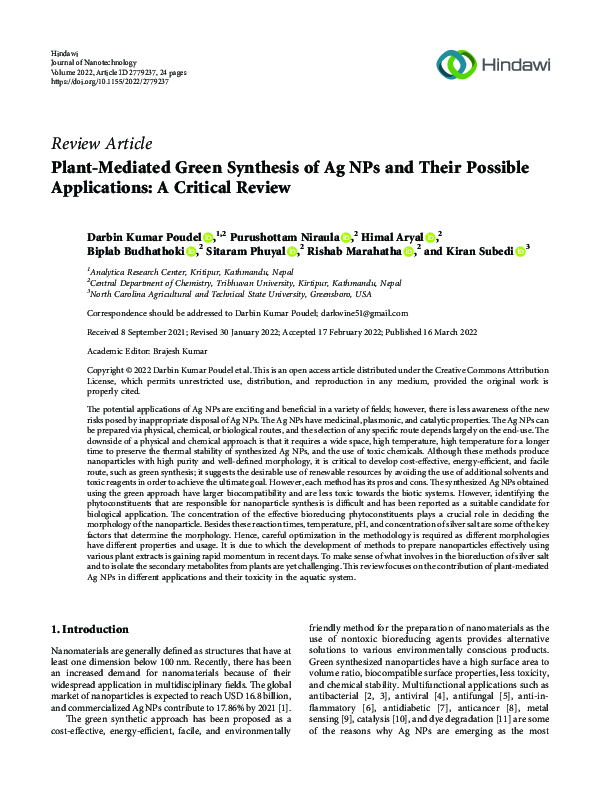 (PDF) Plant-Mediated Green Synthesis of Ag NPs and Their Possible Applications: A Critical Review